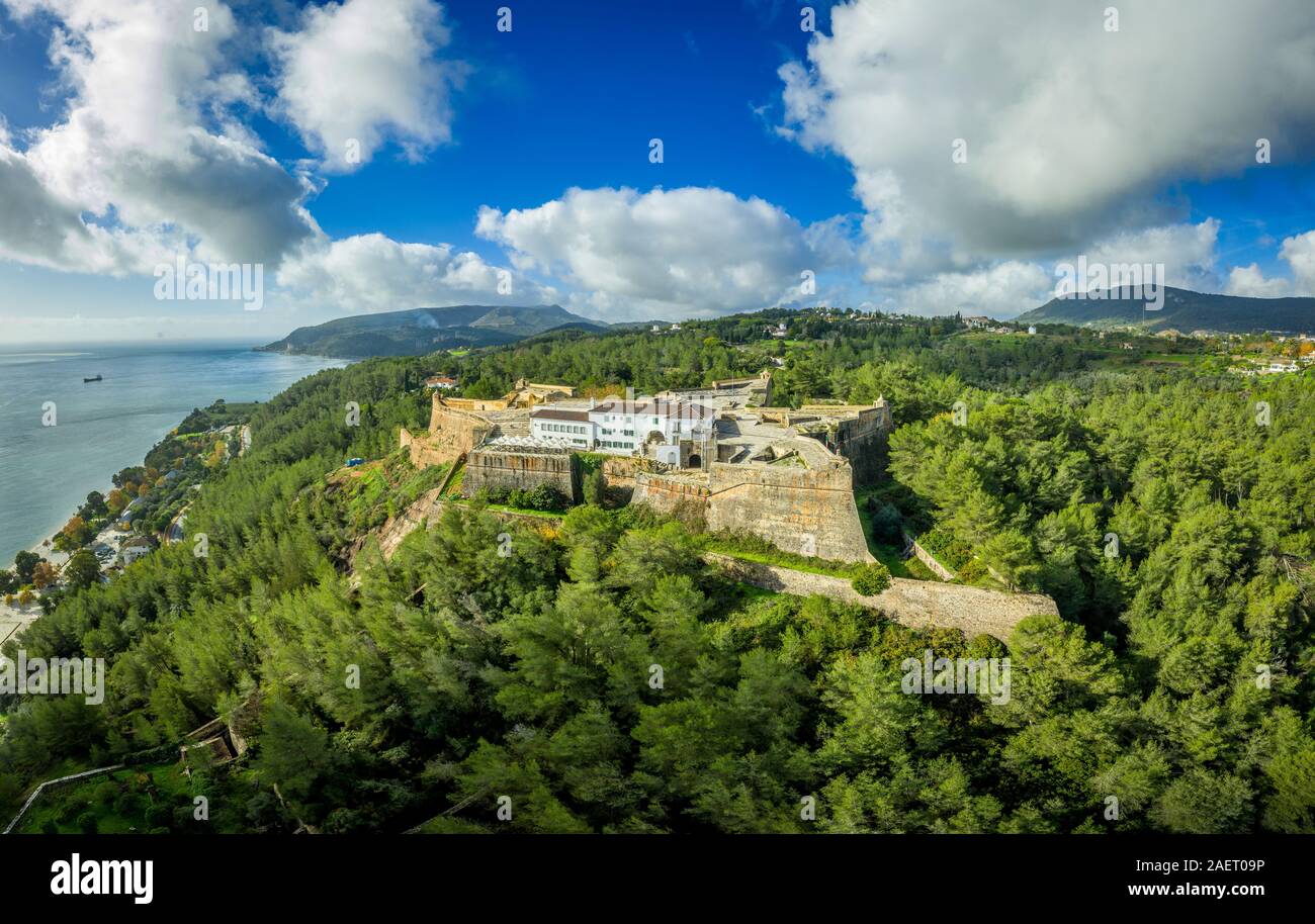 Aerial view of Fortress Sao Filipe in Setubal Portugal star shape fort ...