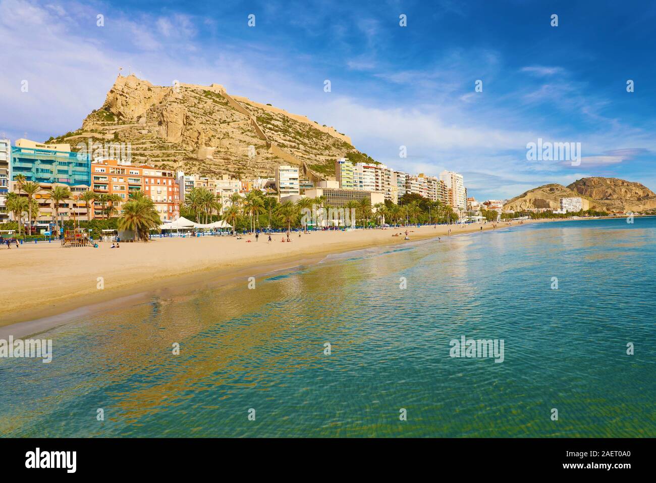 Panoramic view of Alicante city and El Postiguet Beach, Mediterranean ...