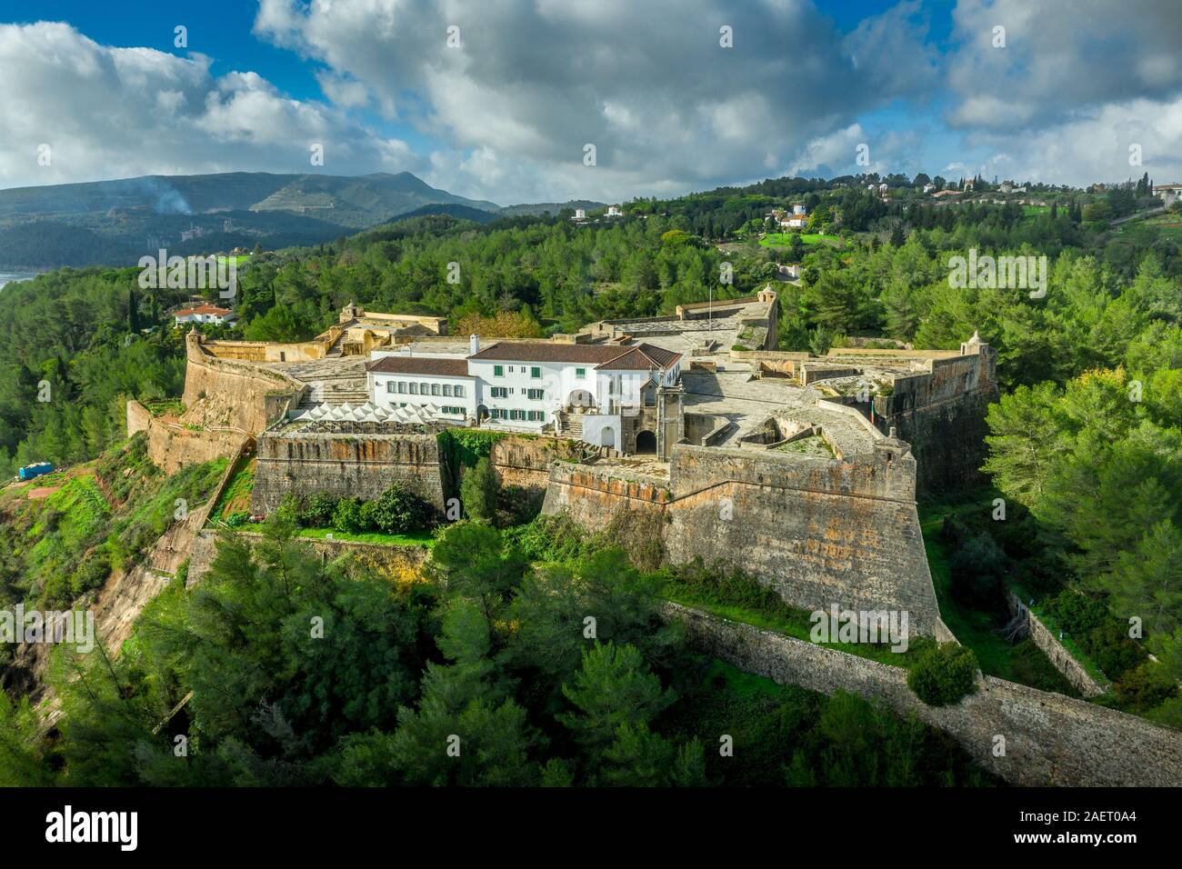 Aerial view of Fortress Sao Filipe in Setubal Portugal star shape fort ...