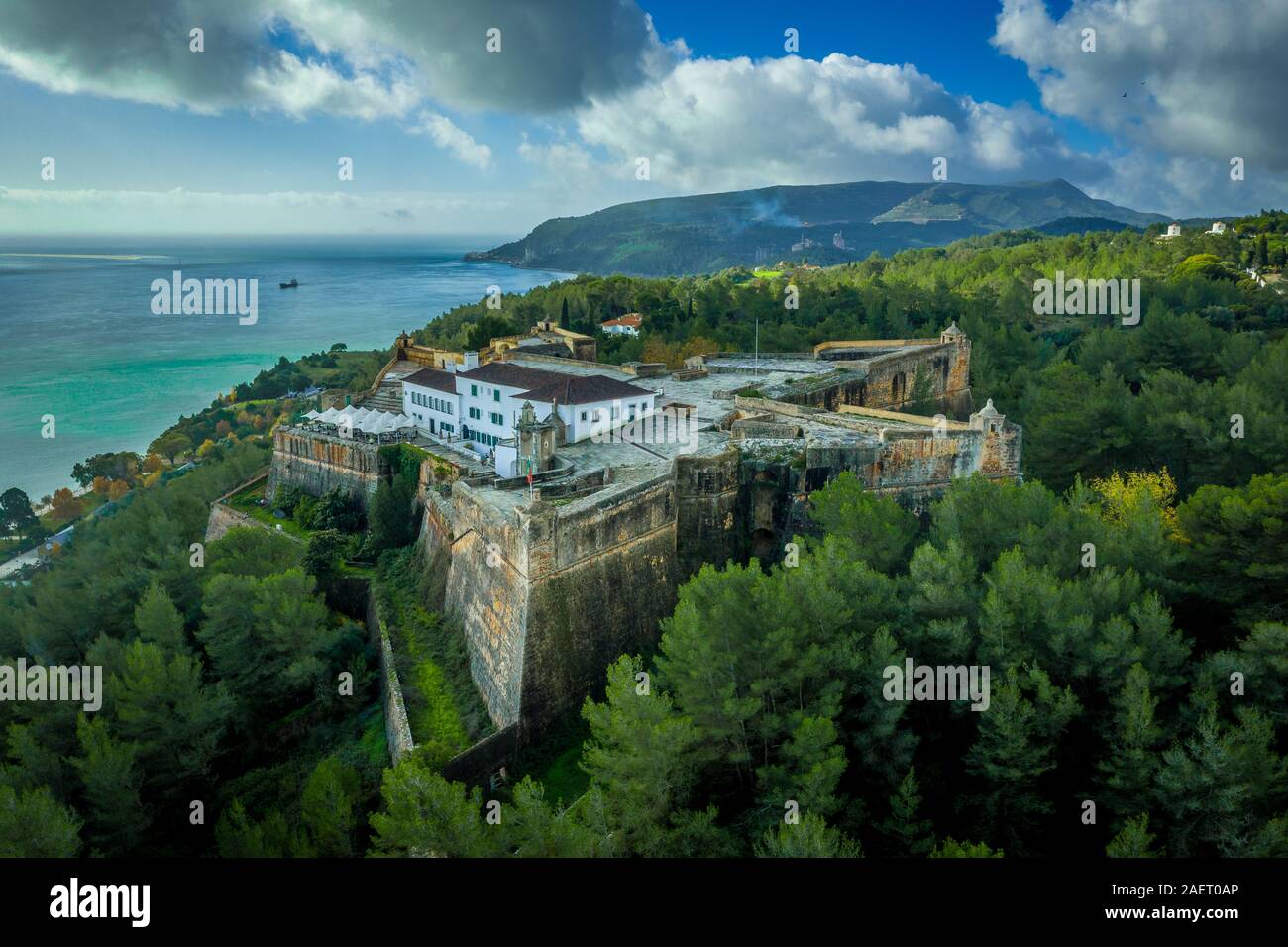 Aerial view of Fortress Sao Filipe in Setubal Portugal star shape fort ...