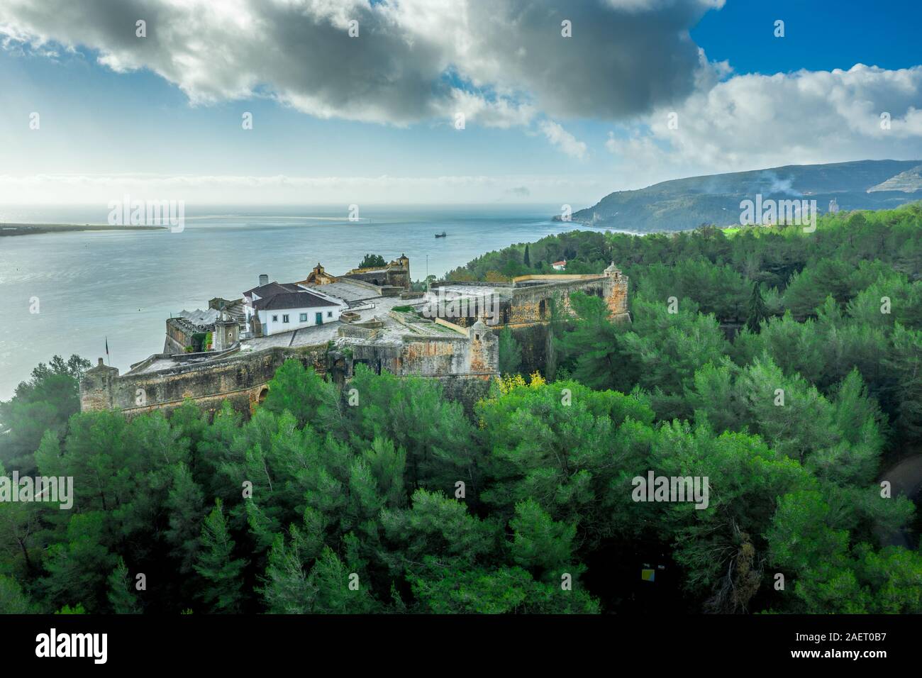 Aerial view of Fortress Sao Filipe in Setubal Portugal star shape fort ...