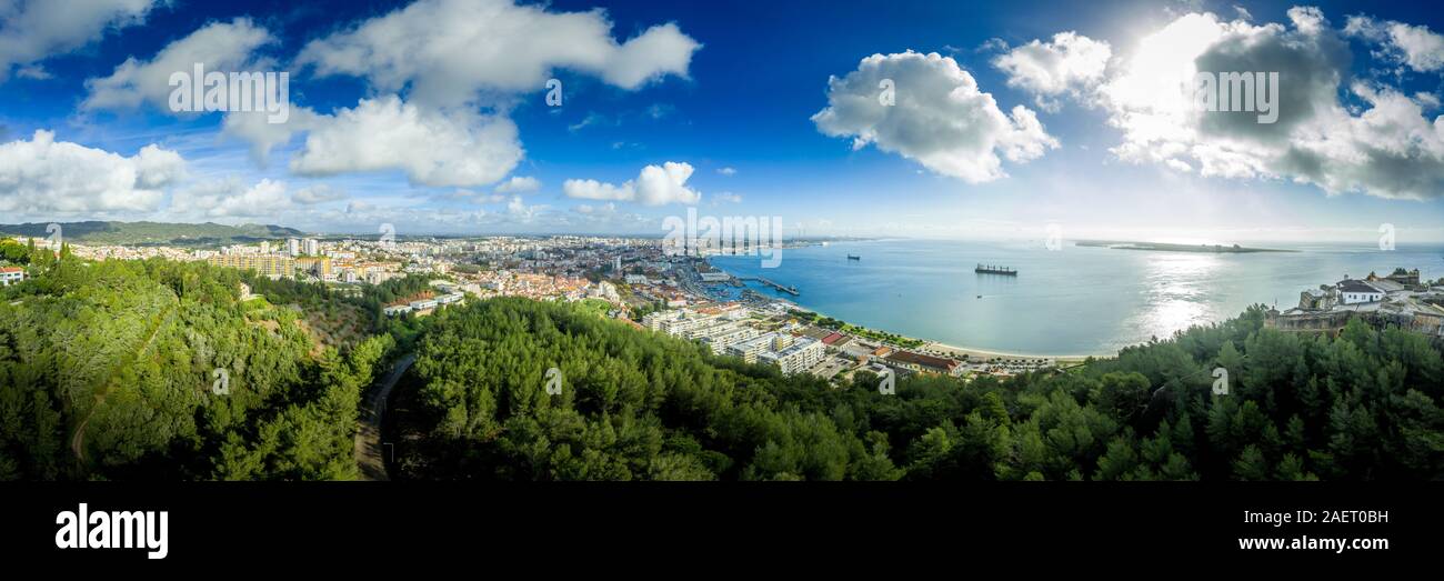 Aerial view of Fortress Sao Filipe in Setubal Portugal star shape fort ...