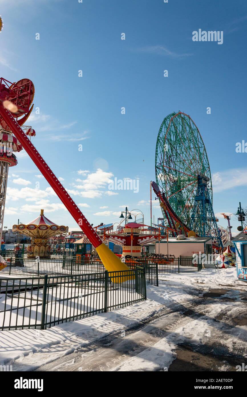 closed fairground with big wheel at Coney Island Brooklyn New York City ...