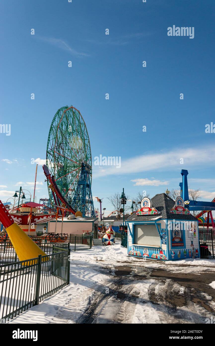 closed fairground with big wheel at Coney Island Brooklyn New York City ...