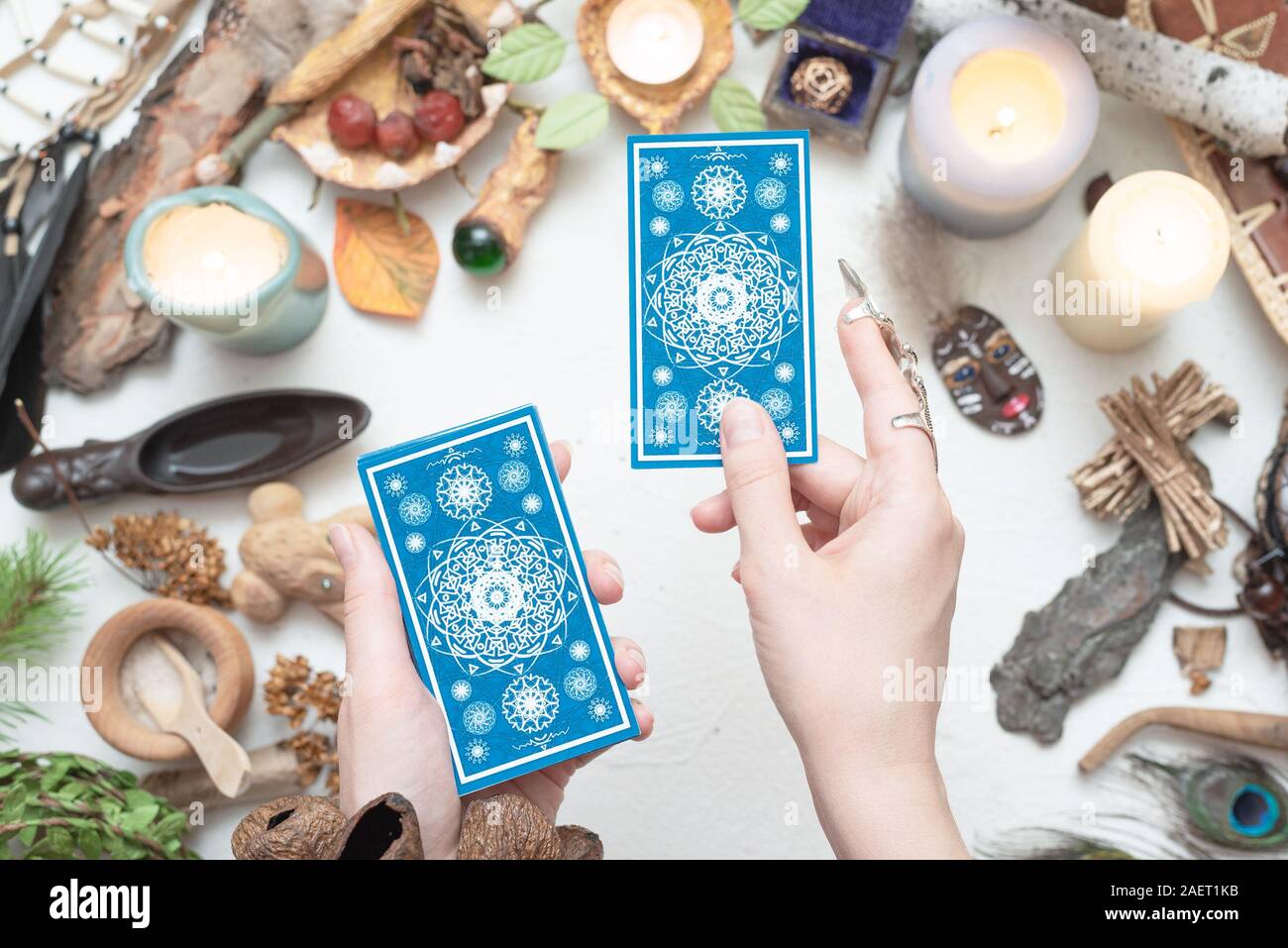 Tarot cards in fortune teller hands close up. Future reading Stock ...