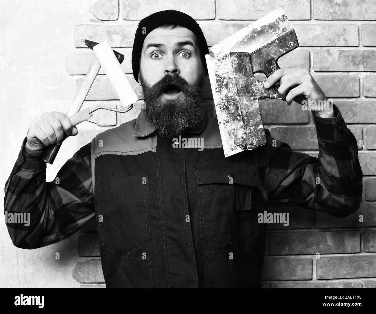 bearded builder man, long beard, brutal caucasian hipster with ...