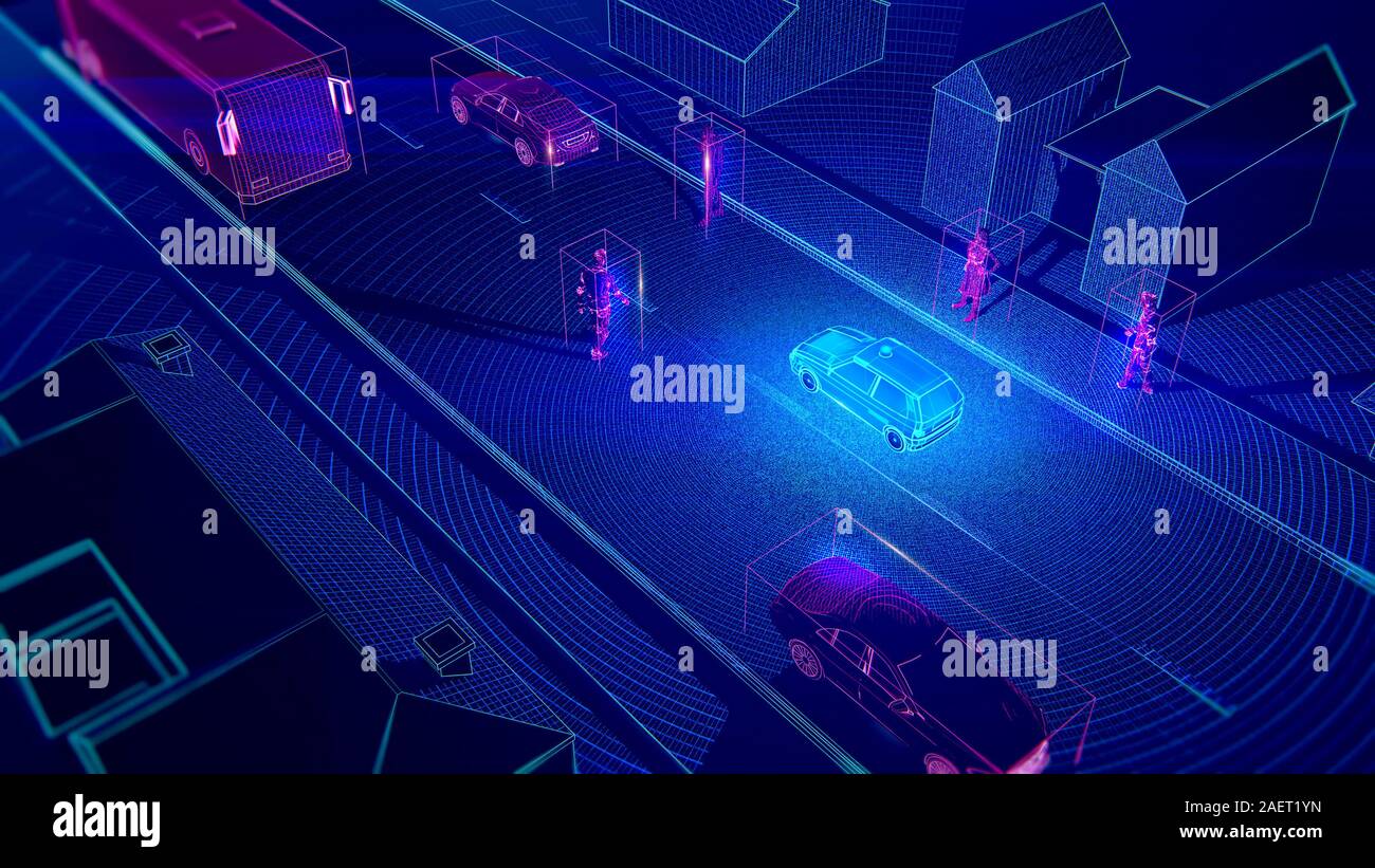 blue driverless transport on street with other cars and objects ...