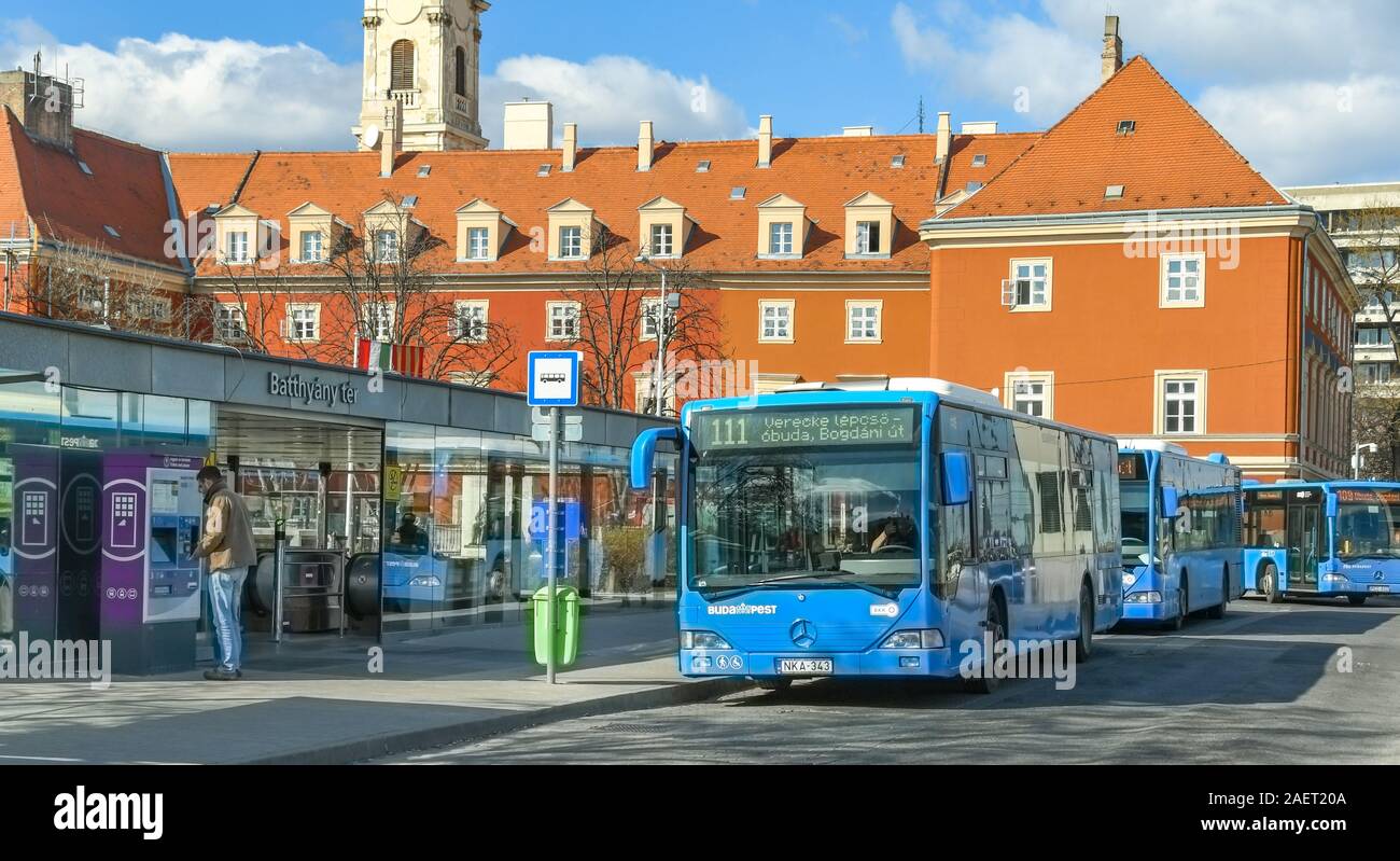 BUDAPEST, HUNGARY - MARCH 2019: Public services buses lined up at a bus ...