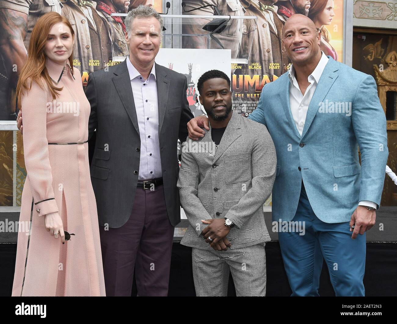 (L-R) Karen Gillan, Will Ferrell, Kevin Hart and Dwayne Johnson at the ...