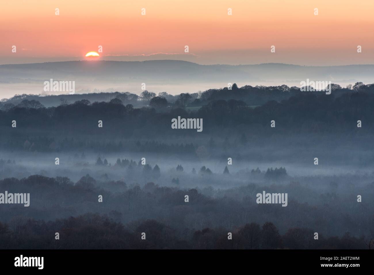 sunset from Older Hill view over low mist, Woolbeding Common and the ...