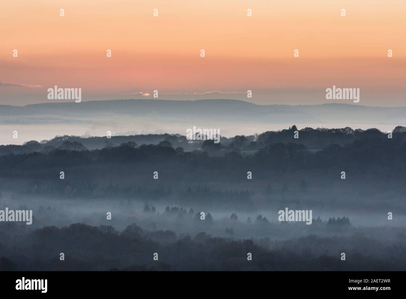 sunset from Older Hill view over low mist, Woolbeding Common and the ...