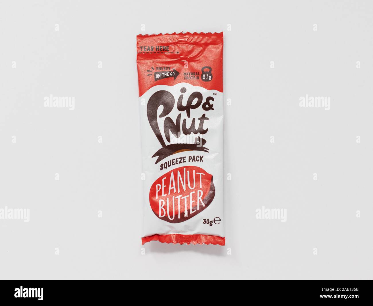London / UK - December 9th 2019 - Pip and Nut sachet of peanut butter ...