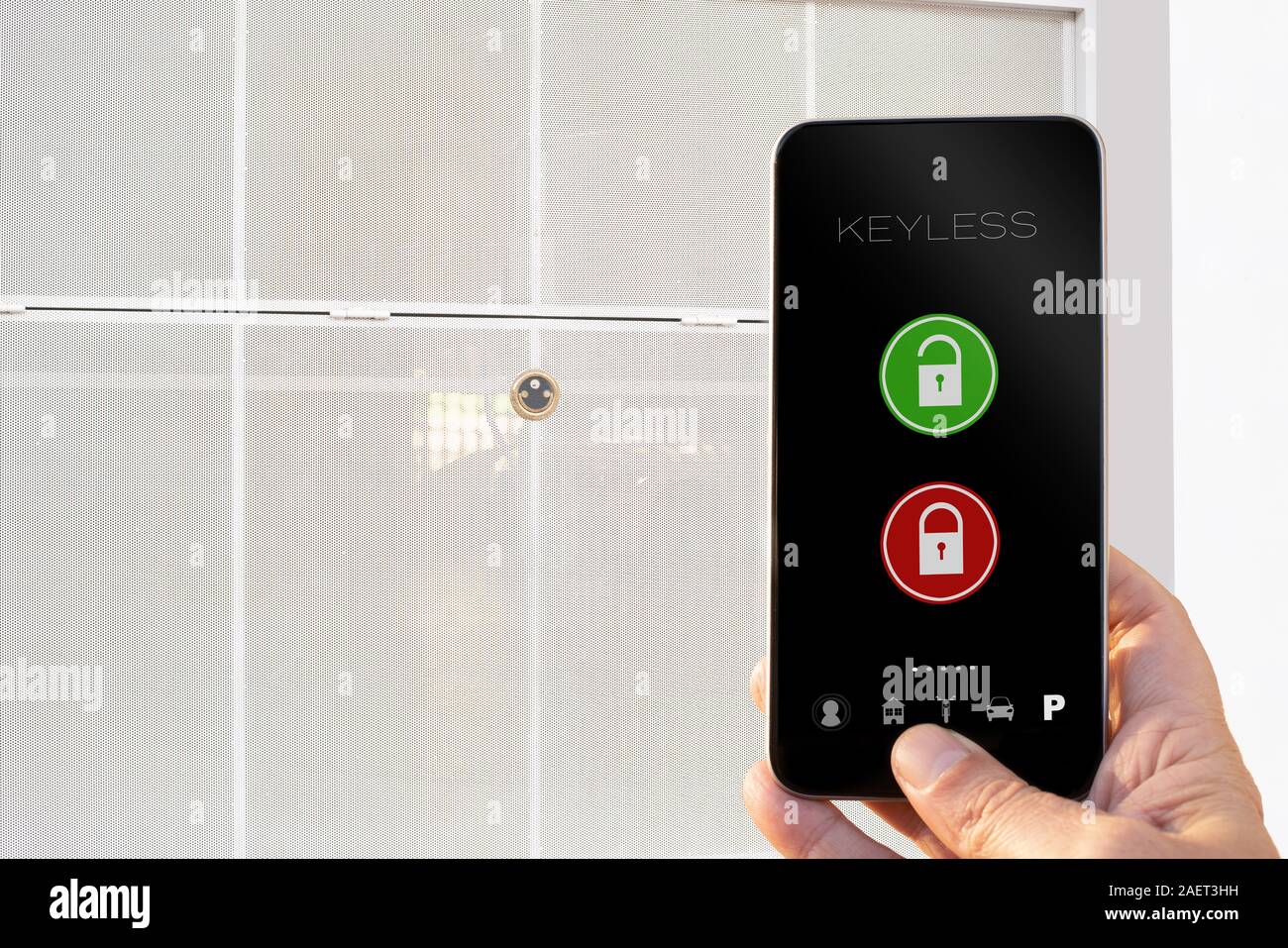 Keyless app smarphone open and close parking door Stock Photo - Alamy