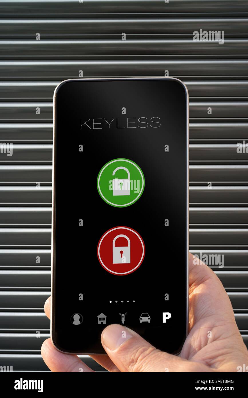 Keyless app smarphone open and close parking door Stock Photo - Alamy