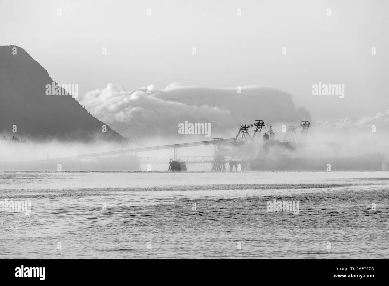 Ridley Terminals coal terminal in a fog bank, BW, Ridley Island, Prince ...