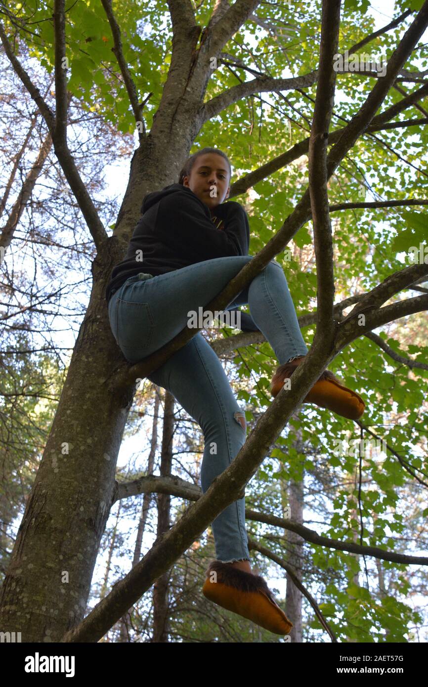 Young girl in nature in tree Stock Photo - Alamy