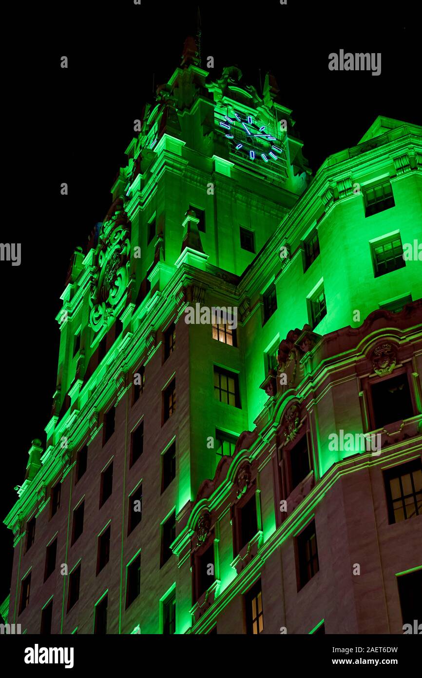 The telefonica building on Gran Via, Madrid, illuminated in green ...