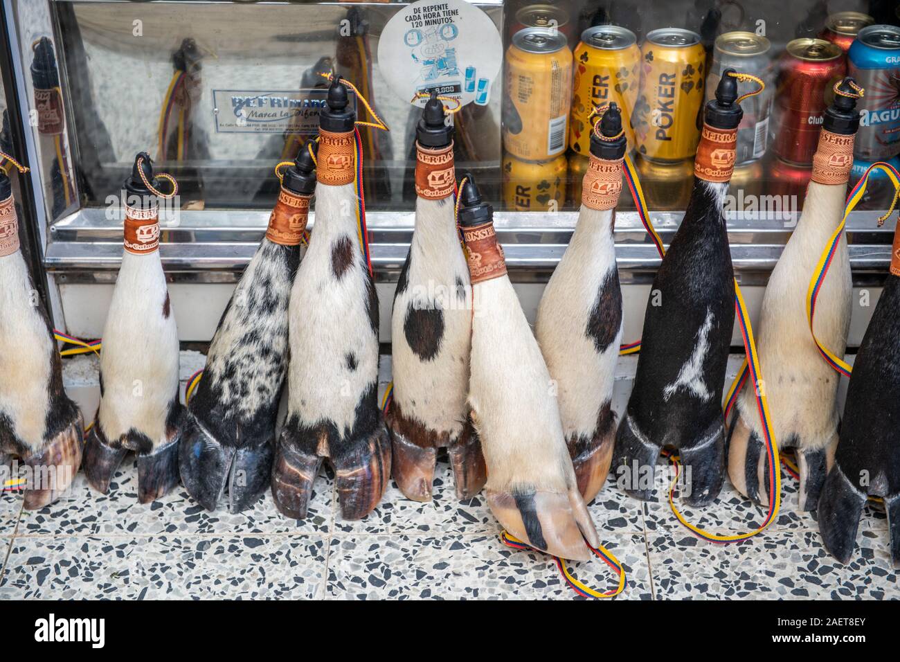 Unique waterskins on display at a market in Bogot‡ , Bogot‡ , Colombia ...