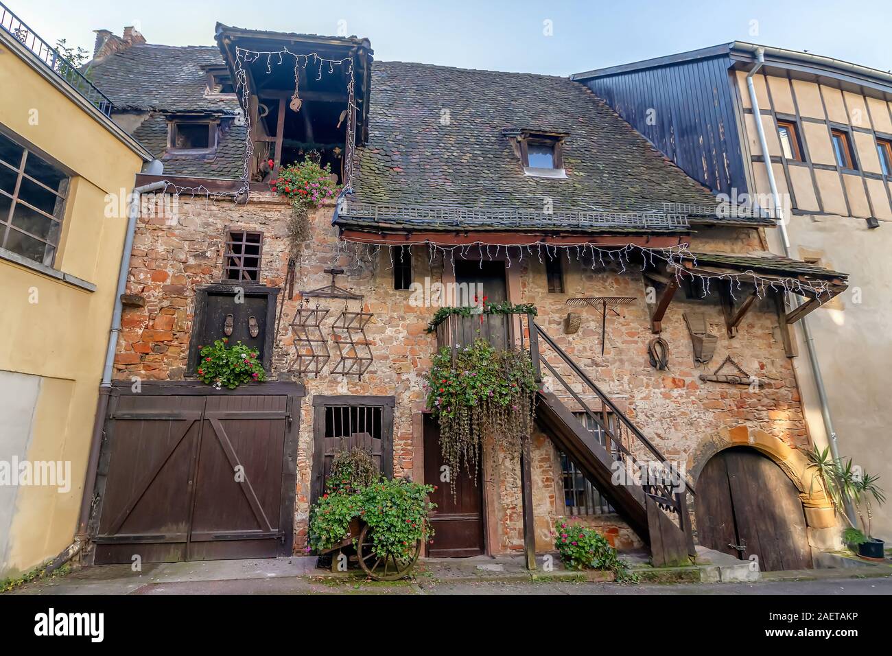 Rustic half-timbered house in Colmar old Town, on Alsace wine route ...