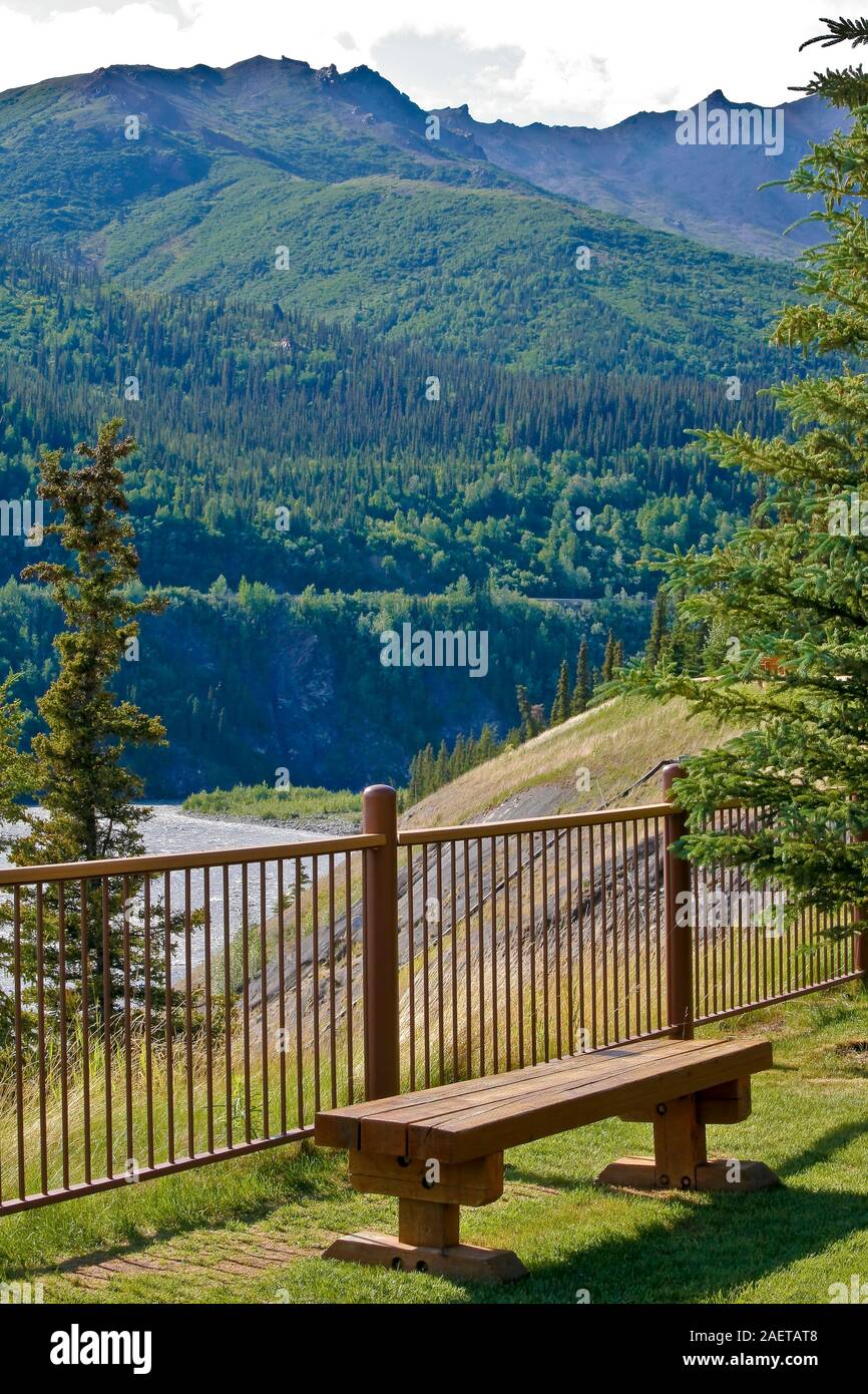 Fence, benches, and trees along Chena River in Fairbanks, AK Stock ...