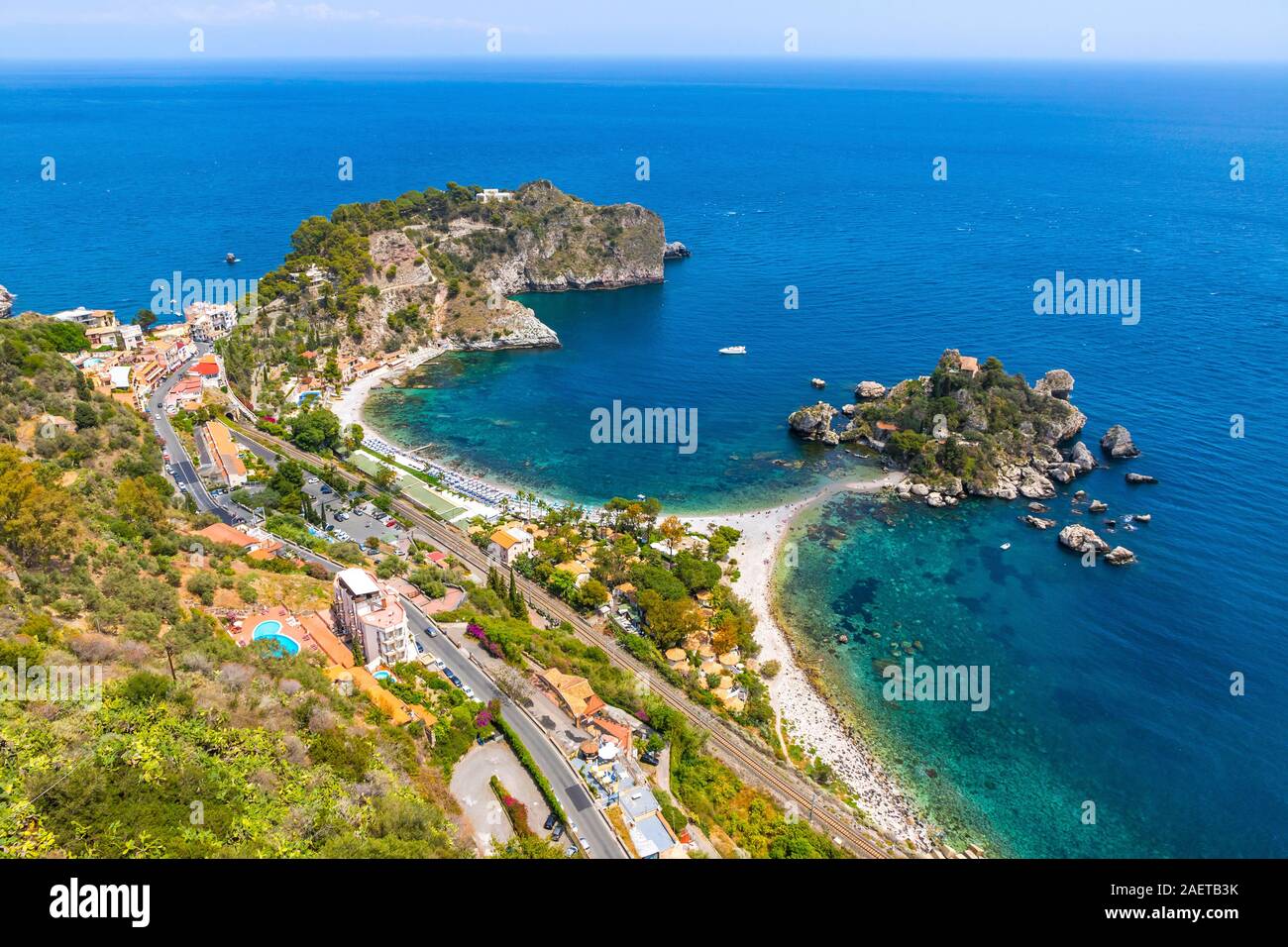 Aerial view of Isola Bella island and beach in Taormina, Sicily, Italy ...
