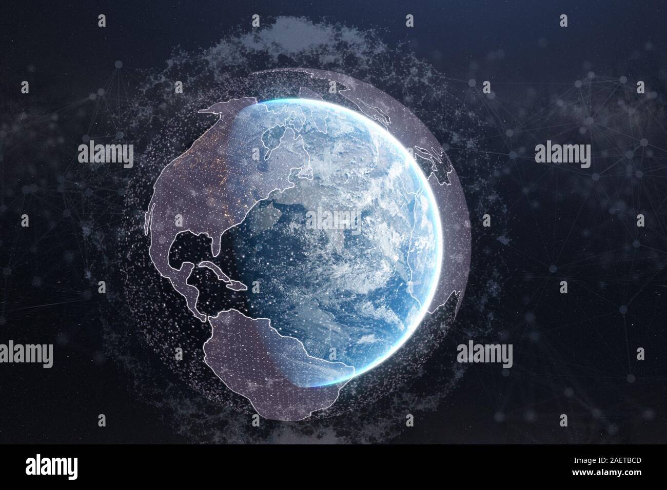 a 3d planet earth hologram with global communication lines, around it ...