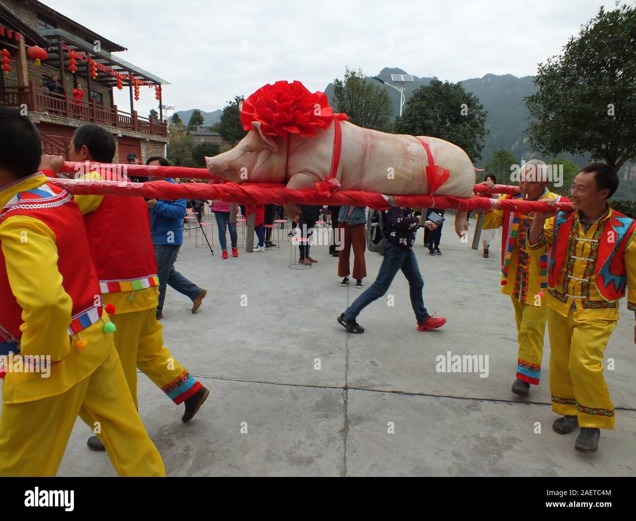 People carry a pig with a sedan chair for the pig sacrifice section at ...