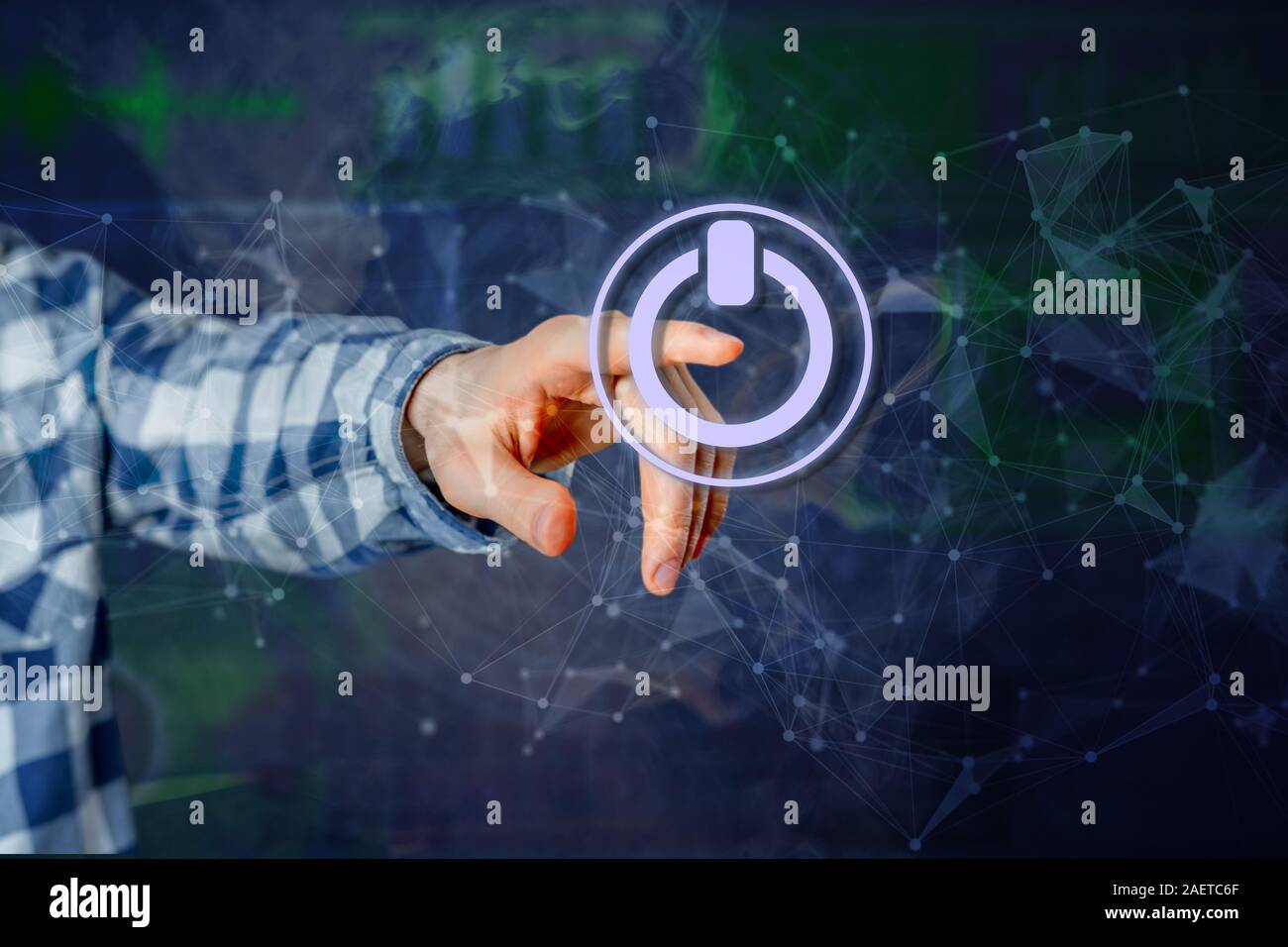 pushing power on button on the grunge surface, electricity supply Stock ...