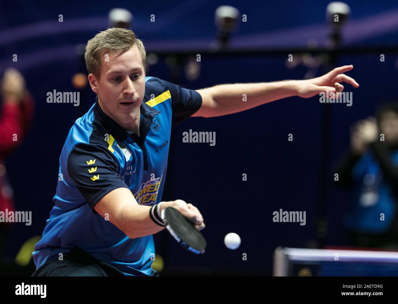 Falck Mattias of Sweden gets the ball against Ovtcharov Dimitrij of ...