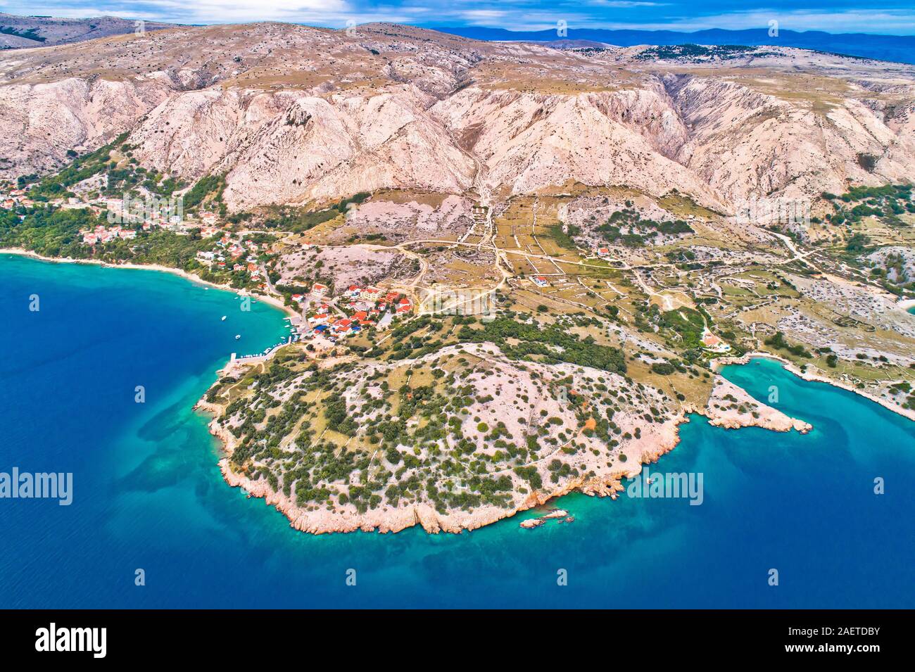Stara Baska. Aerial panoramic view of Stara Baska village and stone ...