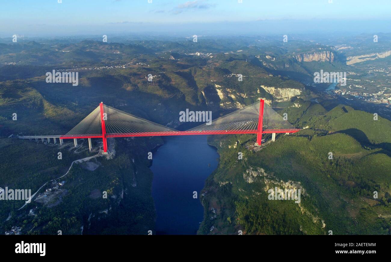 An aerial view of the Yachi River Bridge, one of the longest cable ...