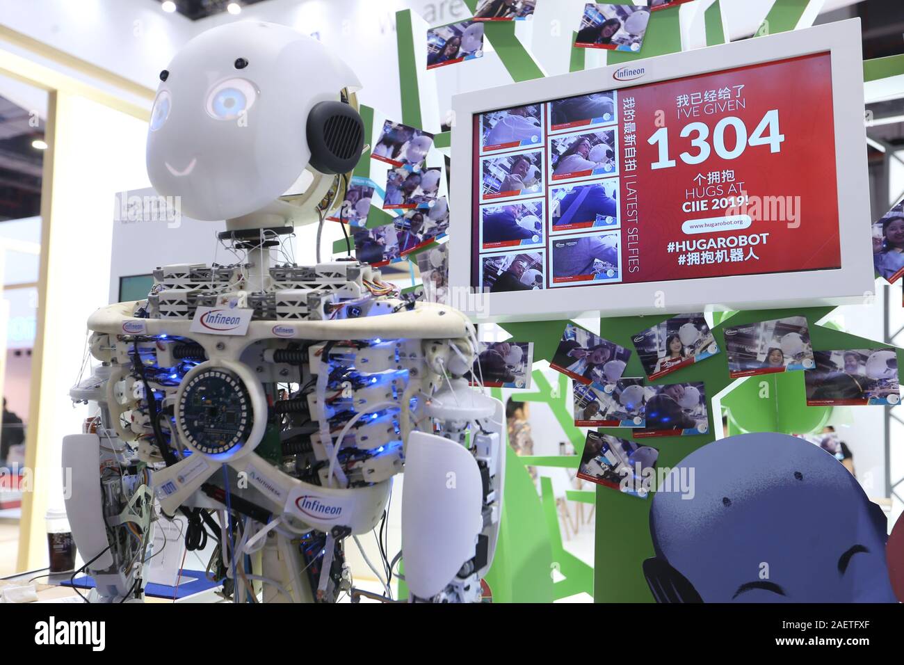 Number of hugs given by the 3D printed hug robot Roboy is shown on the ...