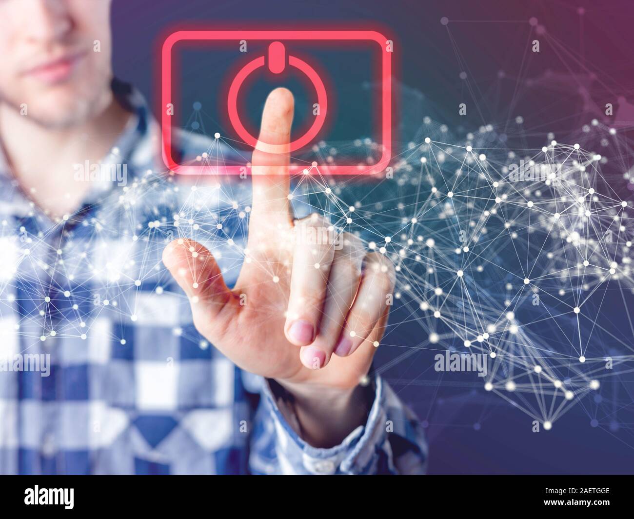 pushing power on button on the grunge surface, electricity supply Stock ...