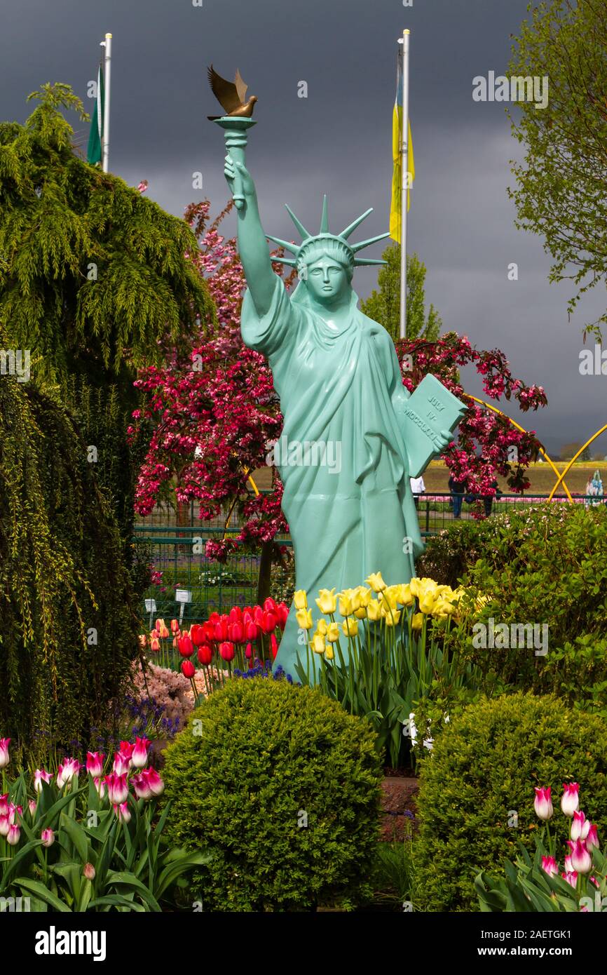 A Tulip Town tulip garden with the Statue of Liberty in the Skagit ...