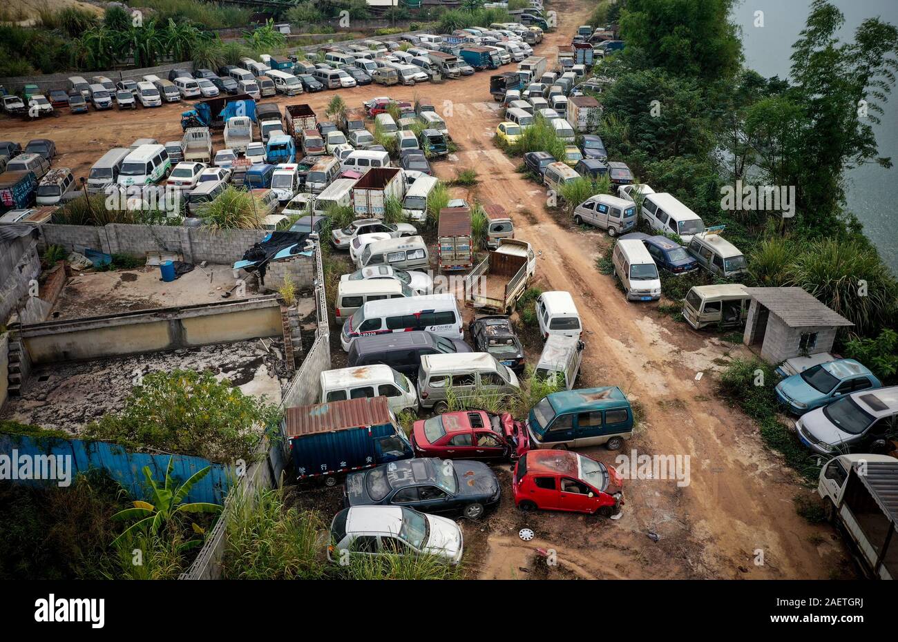An aerial view of abandoned vehicle parking lot, which is used for ...
