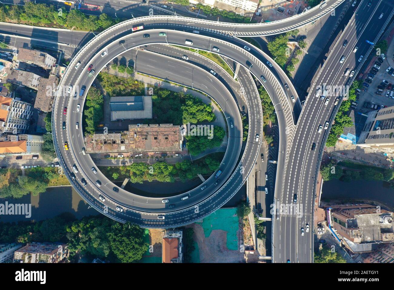 An aerial view of the resident building surrounded by a circle flyover ...