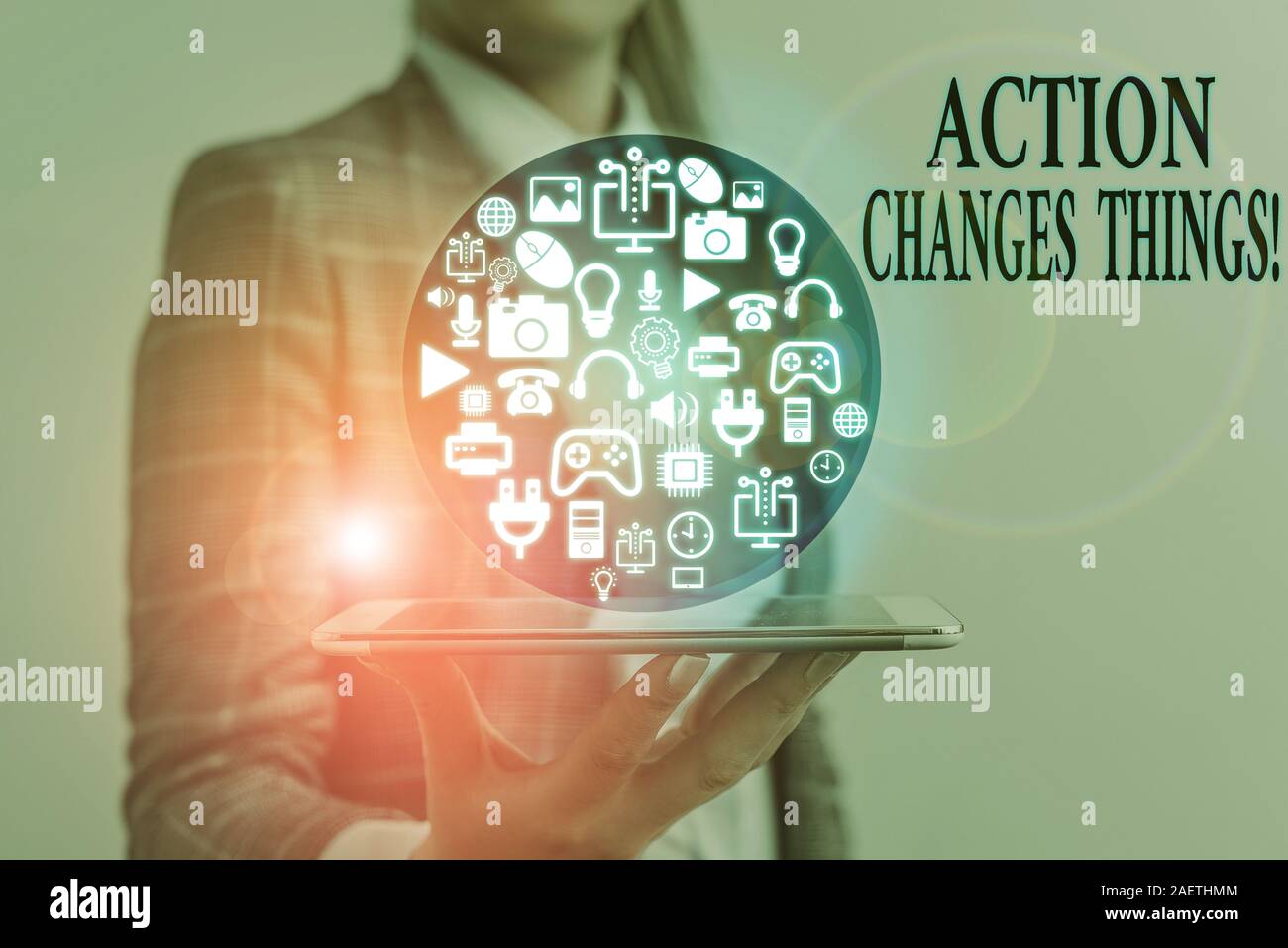Writing note showing Action Changes Things. Business concept for start ...