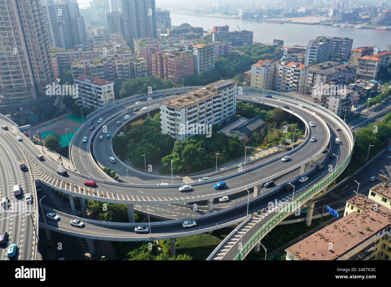 An aerial view of the resident building surrounded by a circle flyover ...