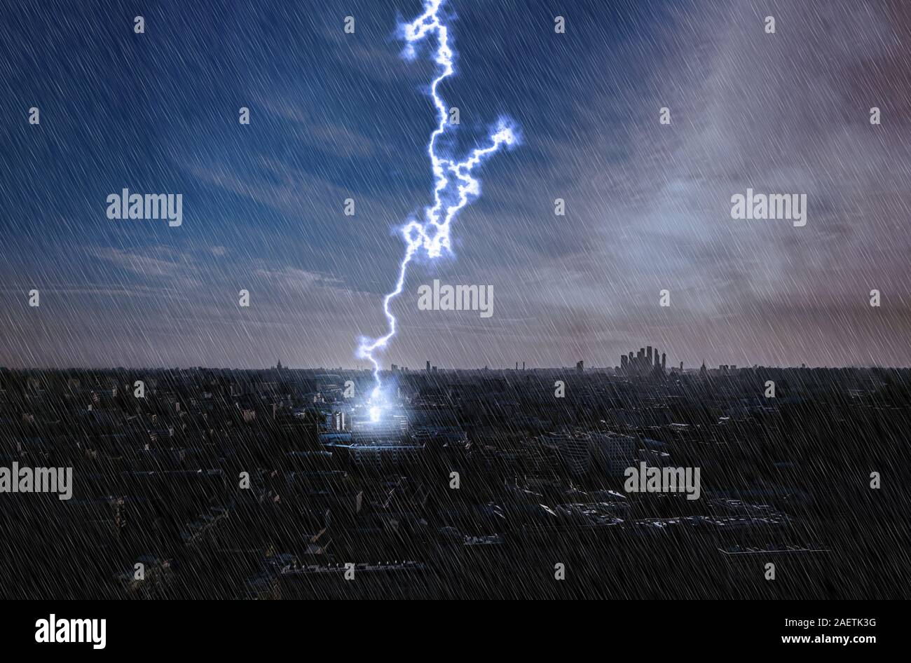 powerful lightning strikes in the urban city, blur sky during the rain ...