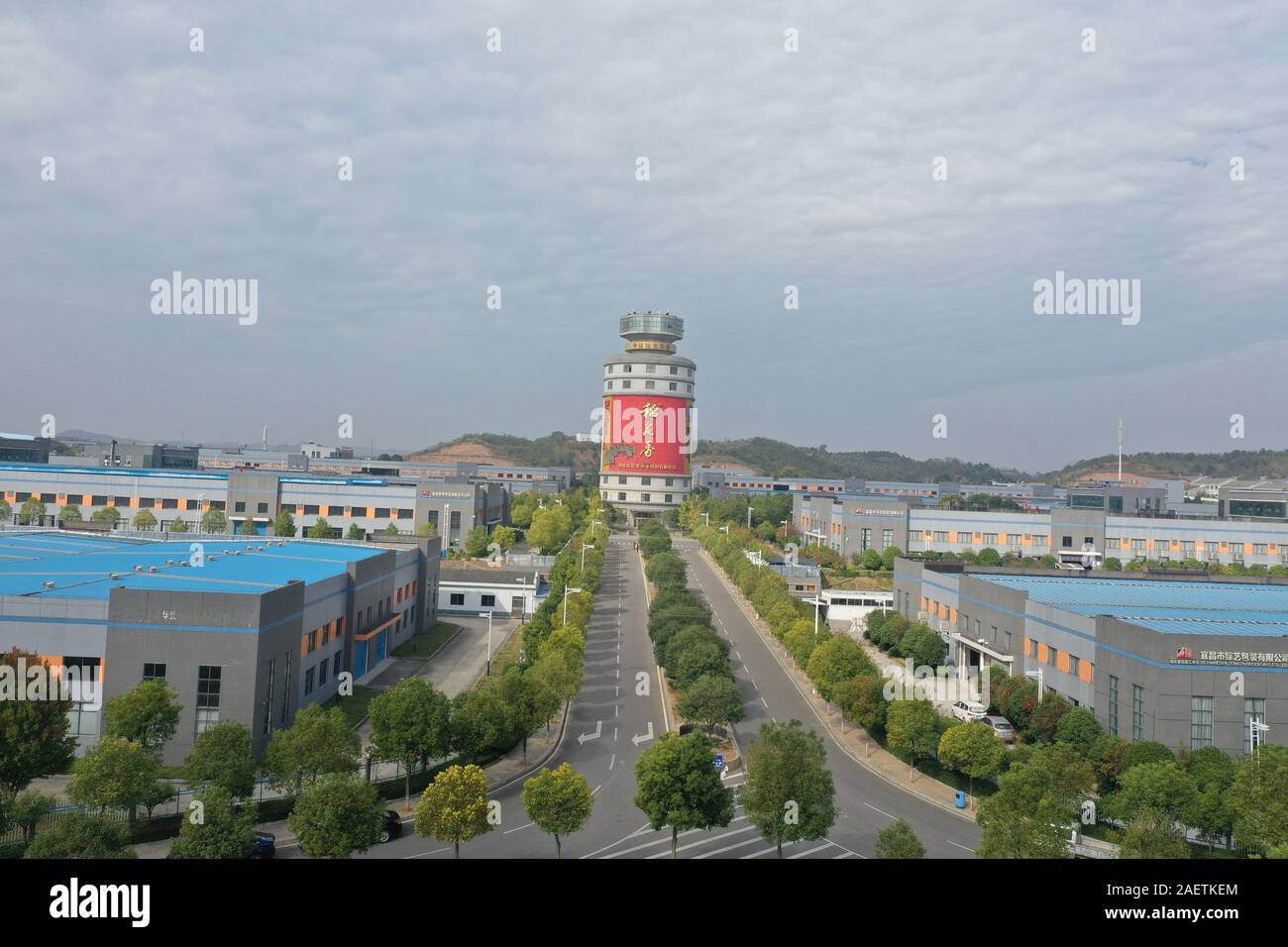 An aerial view of an office building which resembles wine bottle at ...