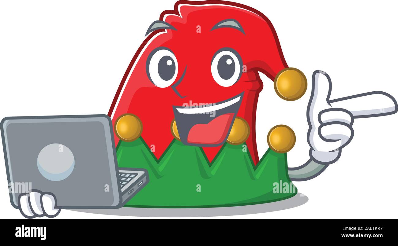Happy smiling elf hat cartoon character working with laptop Stock ...