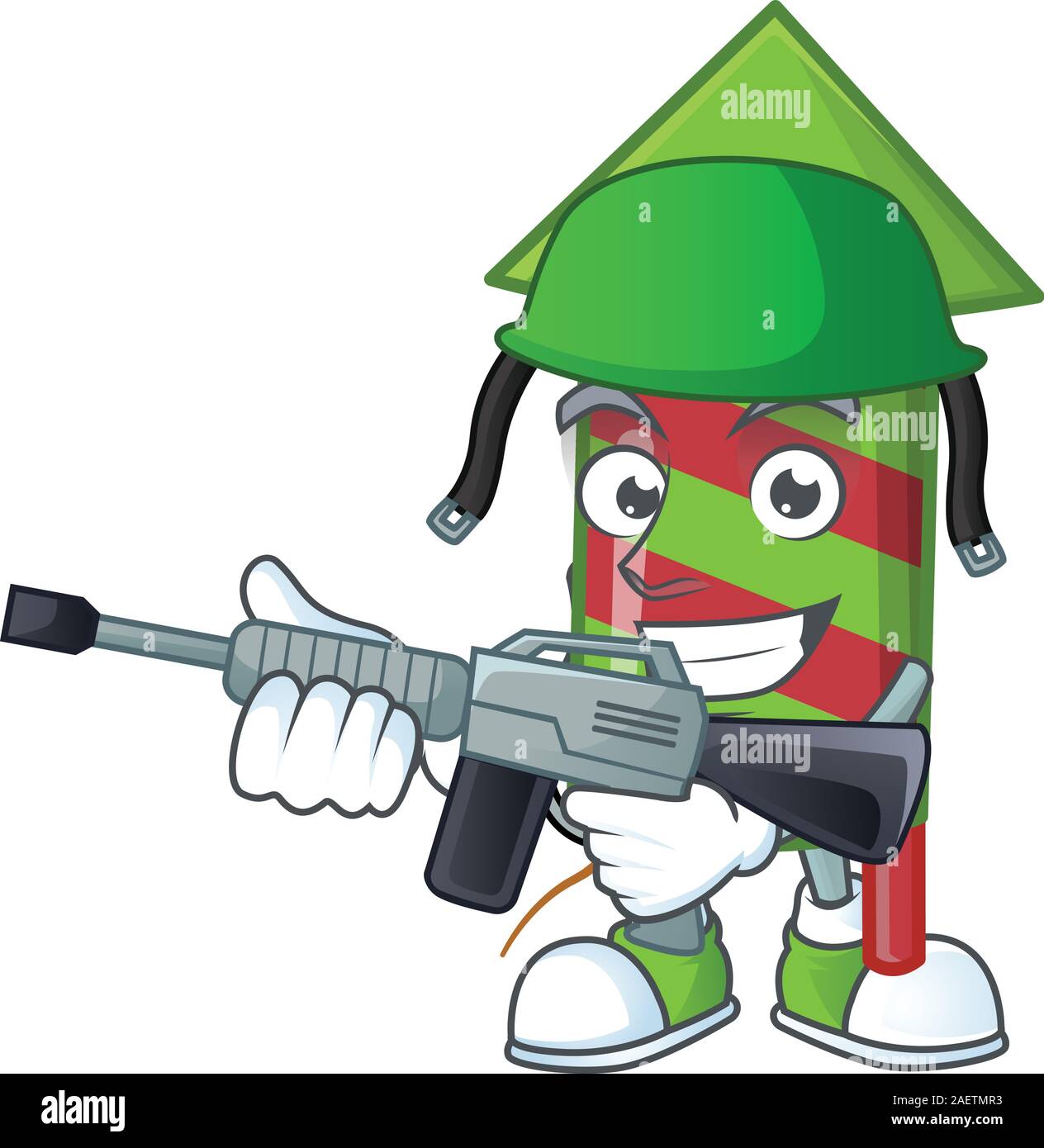 A cartoon style of green stripes fireworks rocket Army with machine gun ...