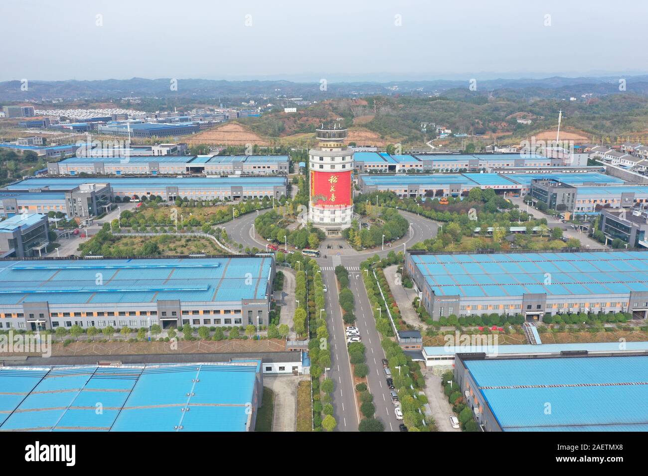 An aerial view of an office building which resembles wine bottle at ...
