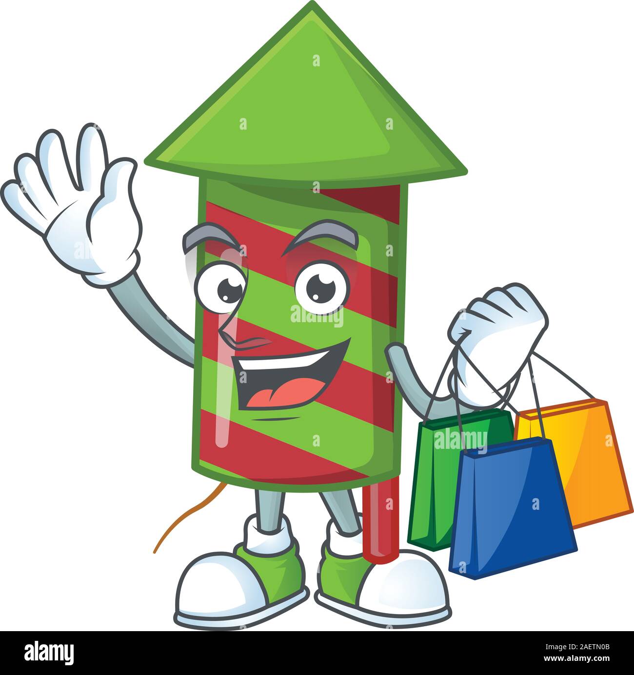 Cheerful green stripes fireworks rocket cartoon character waving and ...