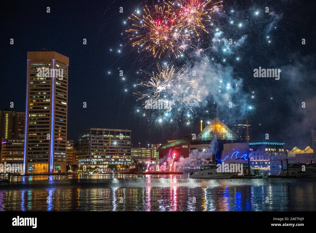 Colorful fireworks light up the night sky over Baltimore's inner harbor ...