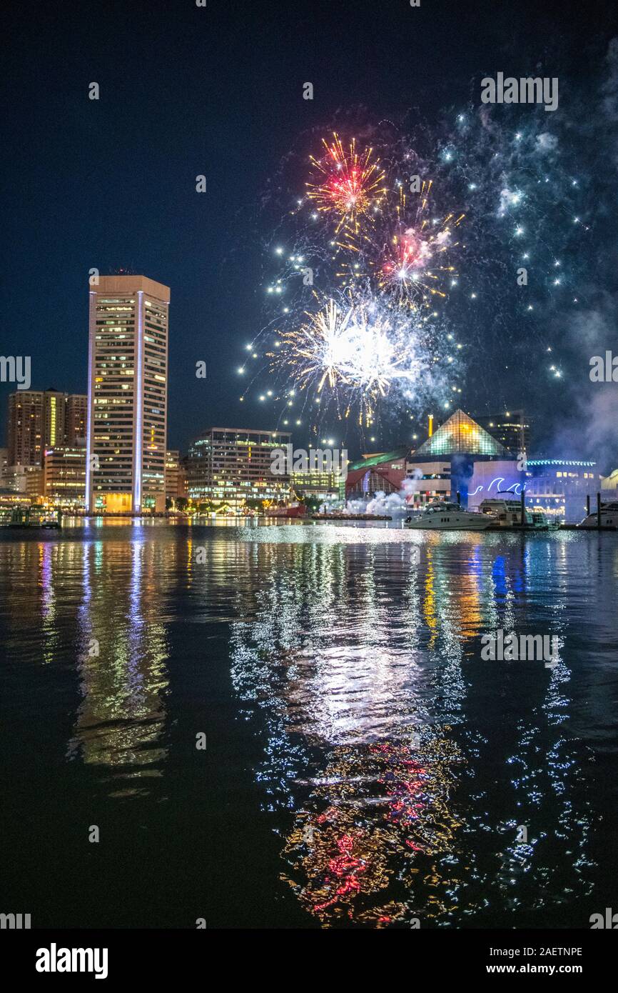 Colorful fireworks light up the night sky over Baltimore's inner harbor ...