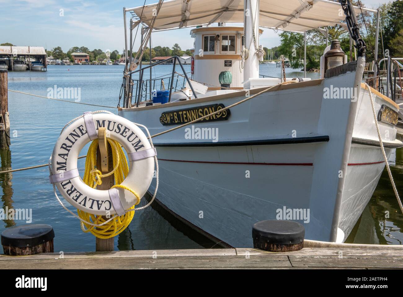 A sleek boat docked outside of the Calvert Marine Museum, Solomons ...