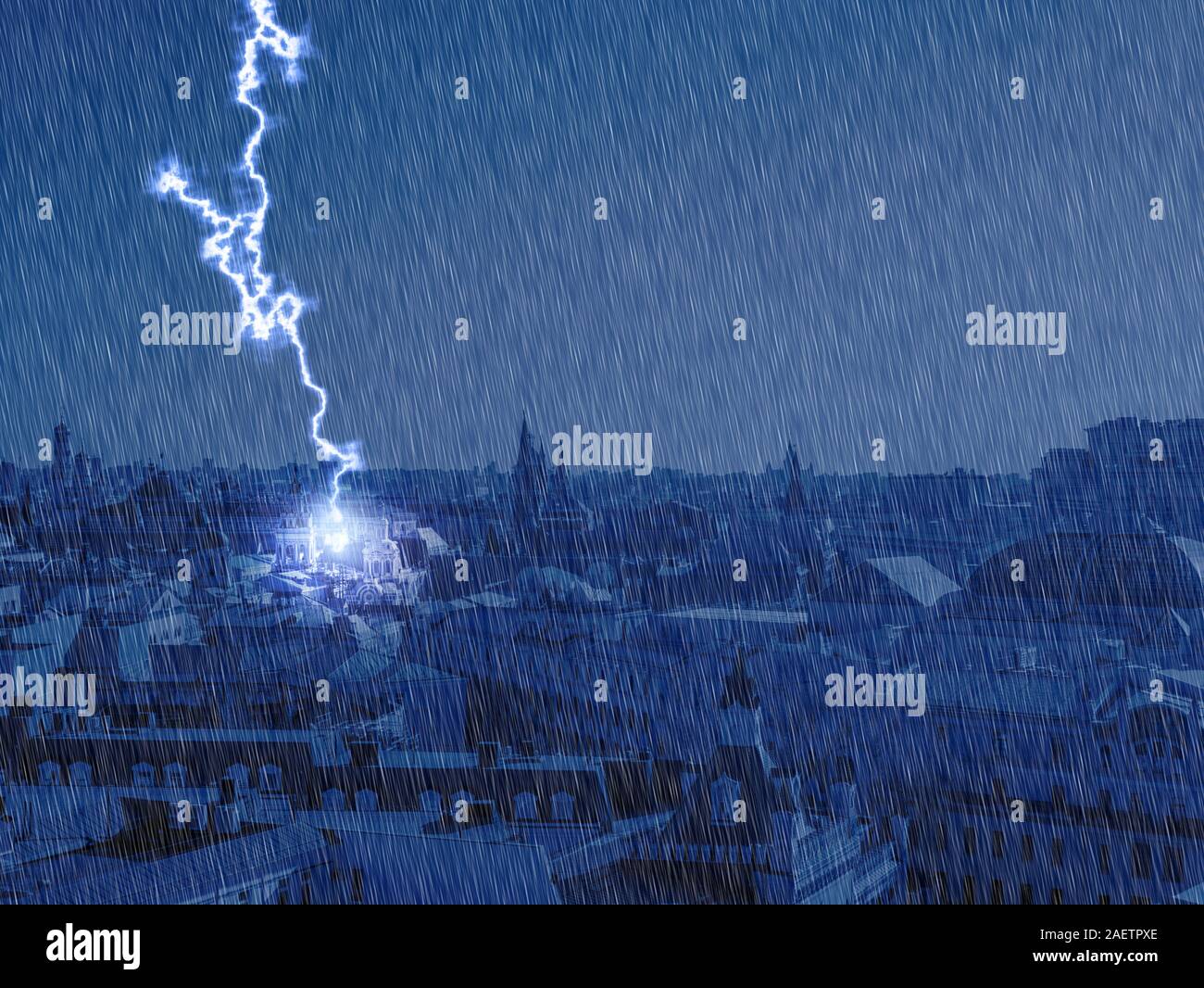 powerful lightning strikes in the urban city, blur sky during the rain ...