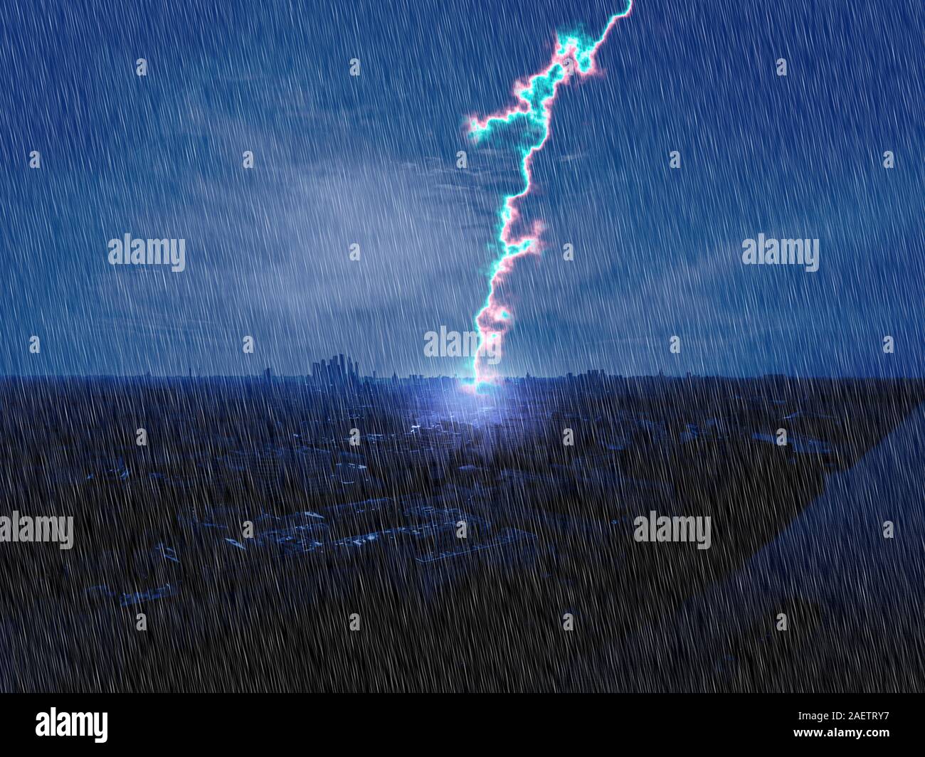 powerful lightning strikes in the urban city, blur sky during the rain ...