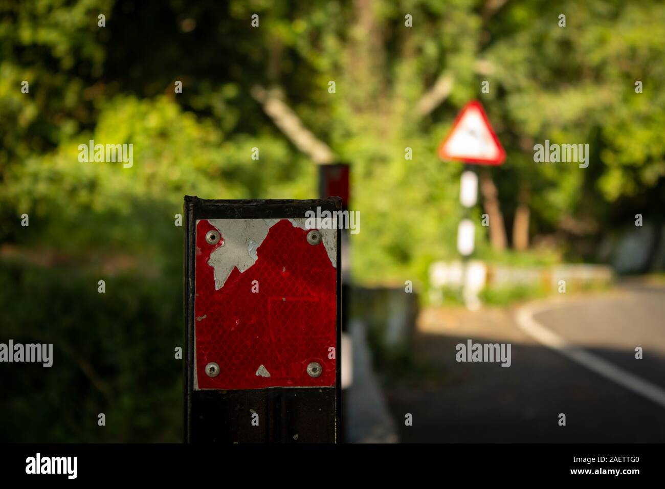 Red colour reflectors on the parapet wall indicating edge of the road ...